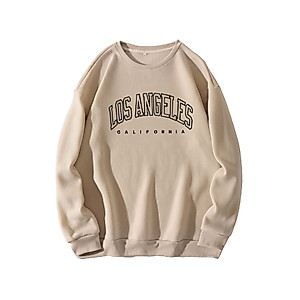 WDIRARA Men's Letter Graphic Round Neck Long Sleeve Sweatshirt Casual Tops Khaki Los Angeles L