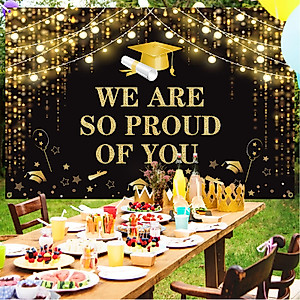 Avezano Graduation Party Backdrop Blak and Gold Graduation Party Decorations Proud of You Congrats Grad 2023 Photoshoot Background Banner Supplies (7x5ft)