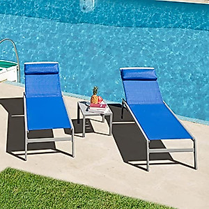 Domi Patio 3 Pieces Aluminum Textilene Chaise Lounge Set with Side Table Outdoor, Adjustable Back and Pillow for Yard Garden Sunbathing for All Seasons Blue(2022 New)