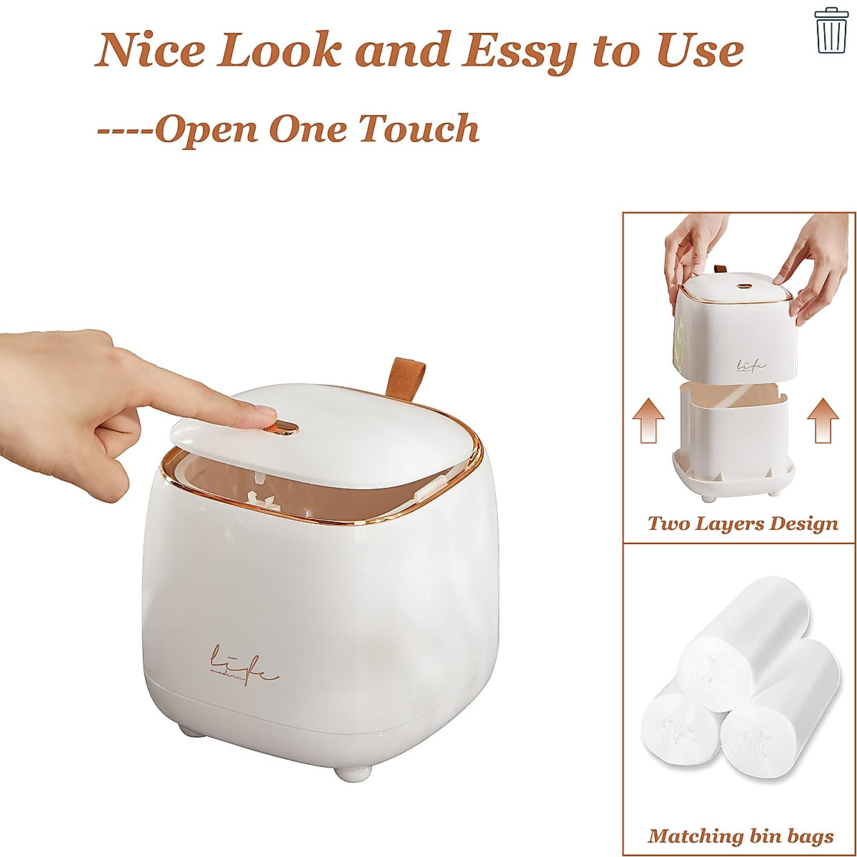 Aiabaleaft Mini Countertop Trash Can with 3 Rolls of Trash Bags, Waste Can with Press Type Lid, Desktop Trash Can Applicable for Bathroom Vanity,Coffee Table,Offices,Waste Basket (Light Green)