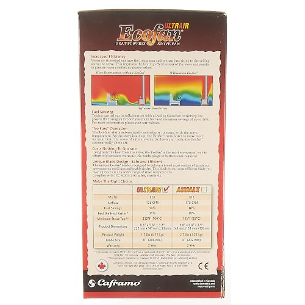 Ecofan® UltrAir, Classic Styled, Heat Powered Wood Stove Fan, 125 CFM, 810CAXBX, Mid-Sized, 7.9" Blade, Black