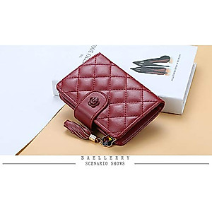 Women Bifold Leather Wallet Nlocking Ladies With Card Holder Window Coin Purse (Red)