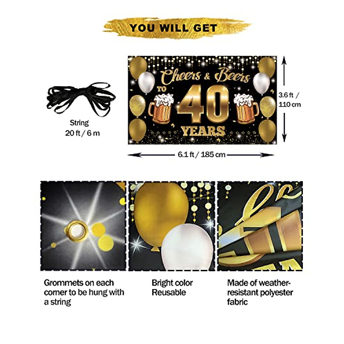 HTDZZI Cheers to 40 Years Backdrop Banner, Happy 40th Birthday Decoration for Men Women, 40th Wedding Anniversary, Black Gold 40 Year Old Birthday Party Sign Poster, Class Reunion Decor, 6.1ft x 3.6ft