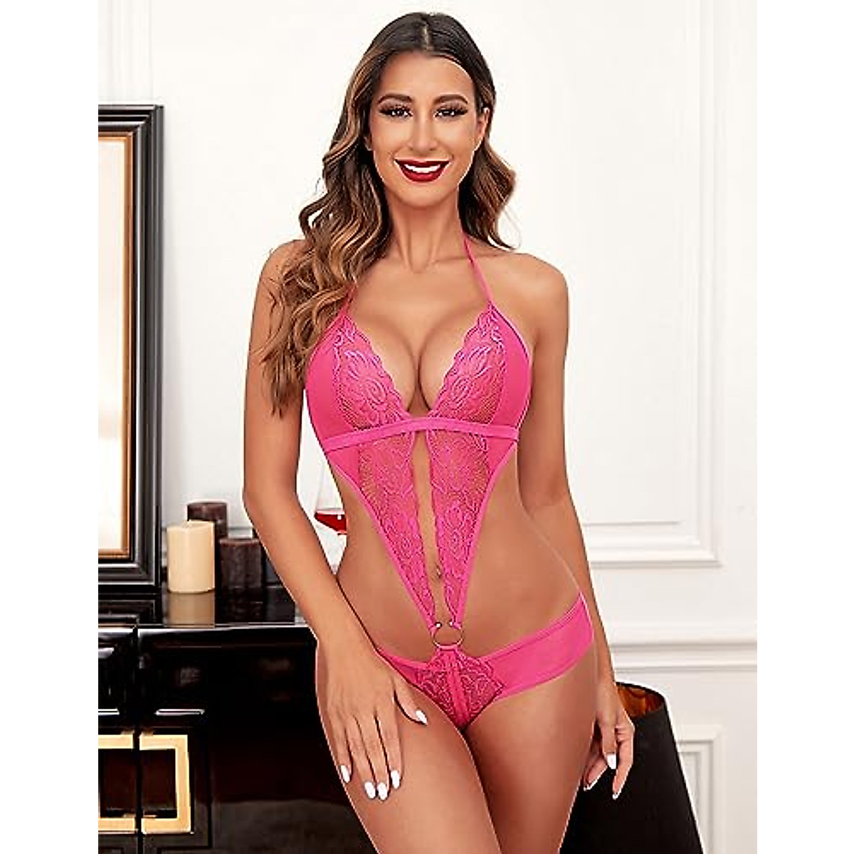 Avidlove Womens Teddy Lingerie Sexy Lace Bodysuit One Piece Babydoll Lingerie Hot Pink