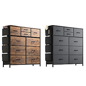 Lulive 10 Drawer Dresser, Chest of Drawers for Bedroom with Side Pockets and Hooks, Fabric Storage Dresser, Sturdy Steel Frame, Wood Top, Organizer Unit for Nursery, Hallway, Closet