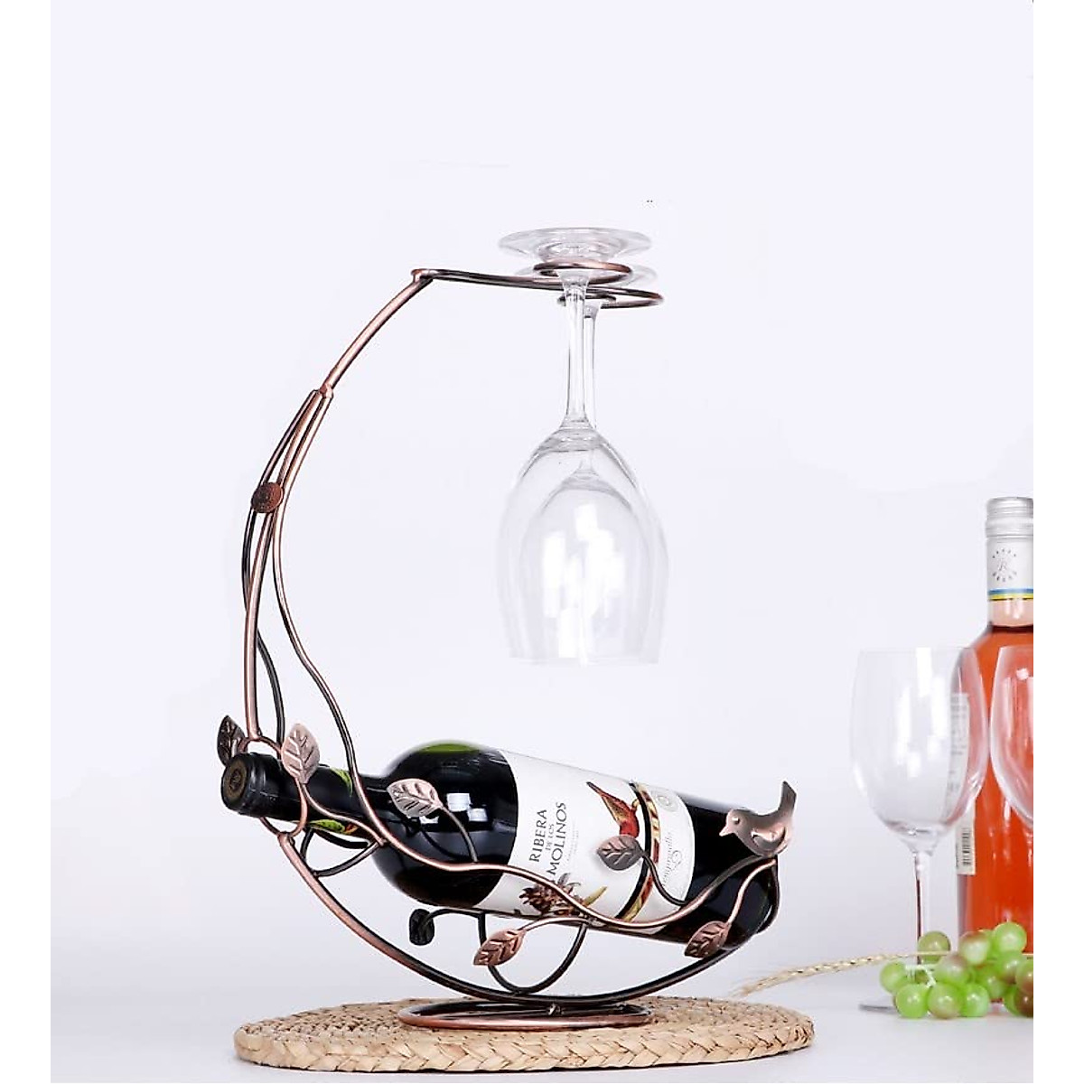 Ecostan Wine Holder Stand &Kitchen Tabletop Decoration，Metal Wine Bottle Rack for Holds 1 Bottle 2 Glasses（Bronze）