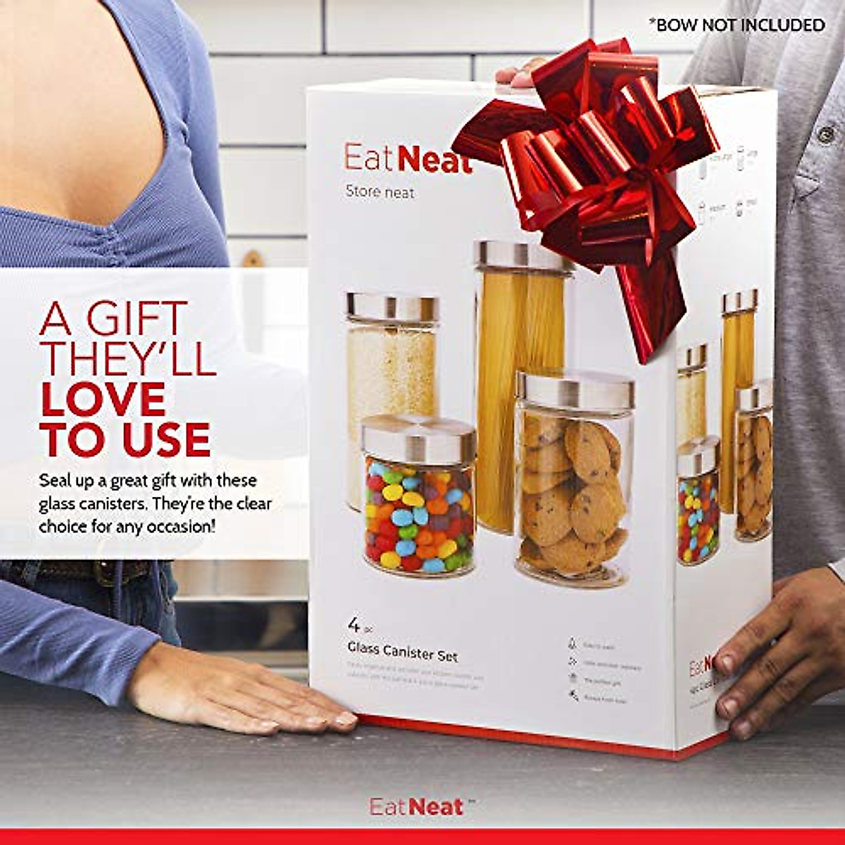 EatNeat 4 Piece Beautiful Glass Kitchen Canisters with Stainless Steel Lids - Premium Food Storage Container, Versatile Cereal, Sugar, Flour, Coffee, Snacks Container for Clean Kitchen Organization