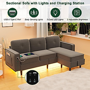 HNEBC Convertible Sectional Sofa Couch with LED Lights/USB/Type C Port, Modern L Shaped Couch with Auto Sensor Light, Reversible Sectional Couches with Storage Ottoman for Living Room (Dark Grey)