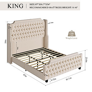 HOSTACK King Size Platform Bed Frame with 54" Tall Wingback Headboard & Deep Button Tufted Footboard, Velvet Upholstered Bed Frame with Handmade Pleats, Nailhead Trim, No Box Spring Needed, Cream