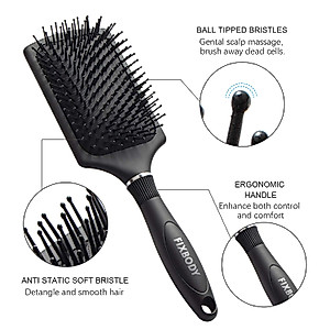 FIXBODY Paddle Brush with A Large Cushion, Smoothing Detangling Brush for Long Thick Hair, Both Wet & Dry - Black Mate