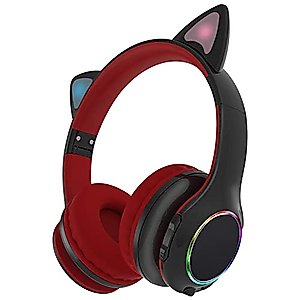 ShuQiaoSi Bluetooth Headphone Cat Ear for School with LED Light, Foldable Kids Headphones, Wired Headset with 3.5mm Microphone Volume, for iPhone/iPad//Laptop/PC/TV for Children(Black)