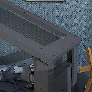 DUNTRKDU Twin Size Wood House Floor Bed Frame with LED Light, Modern Multifunction House Floor Bed with Roof Window and Wood Slats Support for Bedroom Girls Boys, Easy Assemble (Gray)