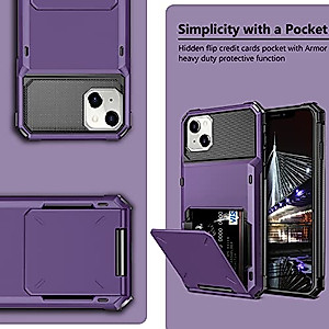 Vofolen Case for iPhone 13 Wallet 4-Card Holder ID Slot Flip Door Hidden Pocket Anti-Scratch Dual Layer Hybrid TPU Bumper Armor Protective Hard Shell Back Cover for iPhone 13 6.1 inch GreyPurple