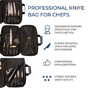 famzigo Silver Chef Knife Bag - 29 Flexible Universal Pockets, Detachable Adjustable Shoulder Strap - Professional Kitchen Accessories - Camping Storage, Carrying Case