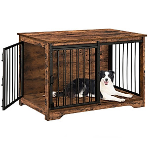 Hzuaneri Dog Crate Furniture, 39.4" Double Door Dog Crate with Barn Door, Dog Kennel Indoor, End Side Table Wooden Dog Crate for Small Medium Large Dog, Anti-Chew Anti-Escape, Rustic Brown DFC02301B