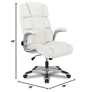 KCREAM Office Chair with Flip-up Armrests, Executive Chair Swivel Rolling PU Leather Chair Home Office Desk Chairs with Wheels and Memory Foam Back Support, Comfy Chair 300Lb Weight Capacity (White)