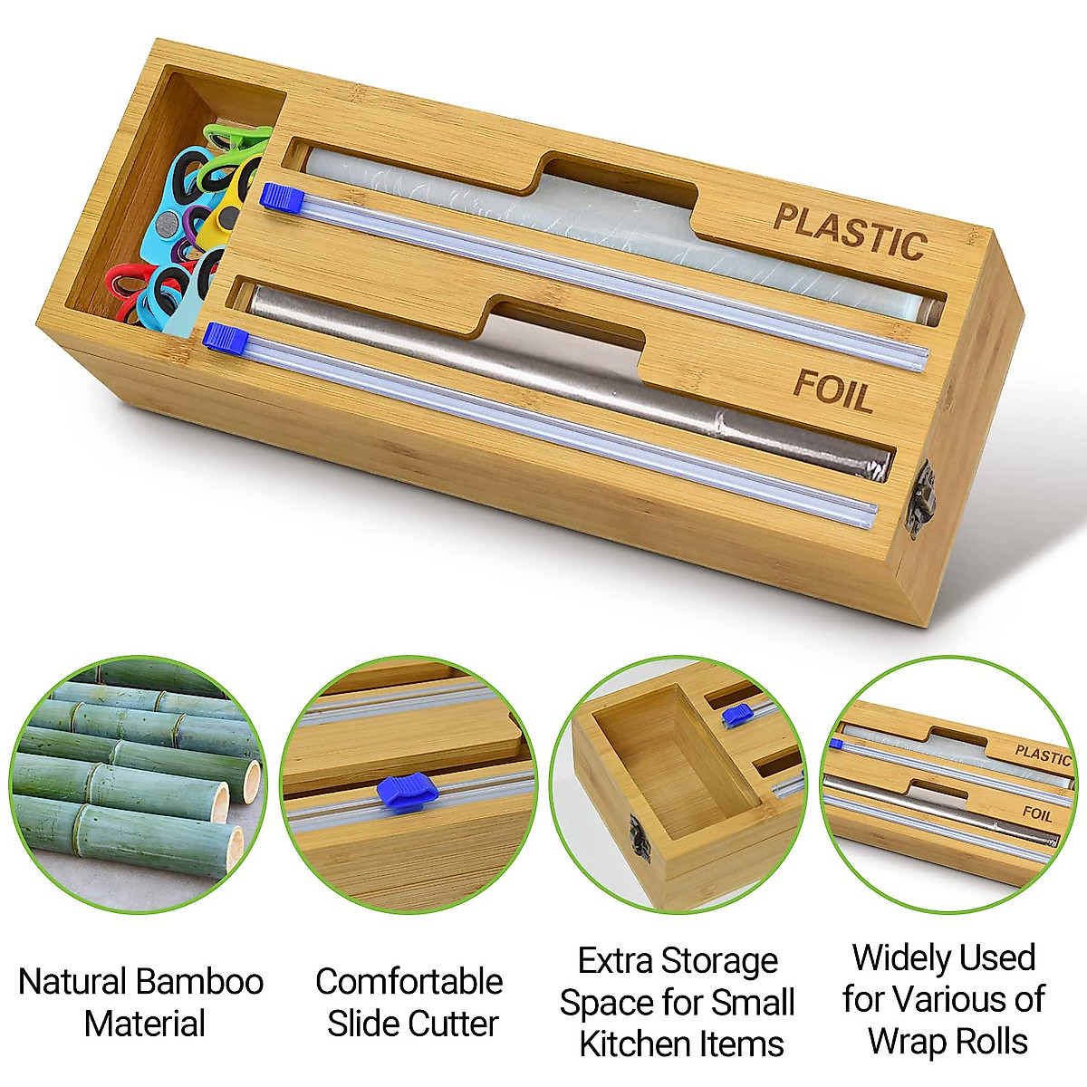 Bamboo Aluminum Foil Dispenser with Cutter, Foil and Plastic Organizer for Drawer, Plastic Wrap Dispenser with Cutter for Kitchen Drawer and Cabinet Organizer, Foil Organization and Storage Holder 1