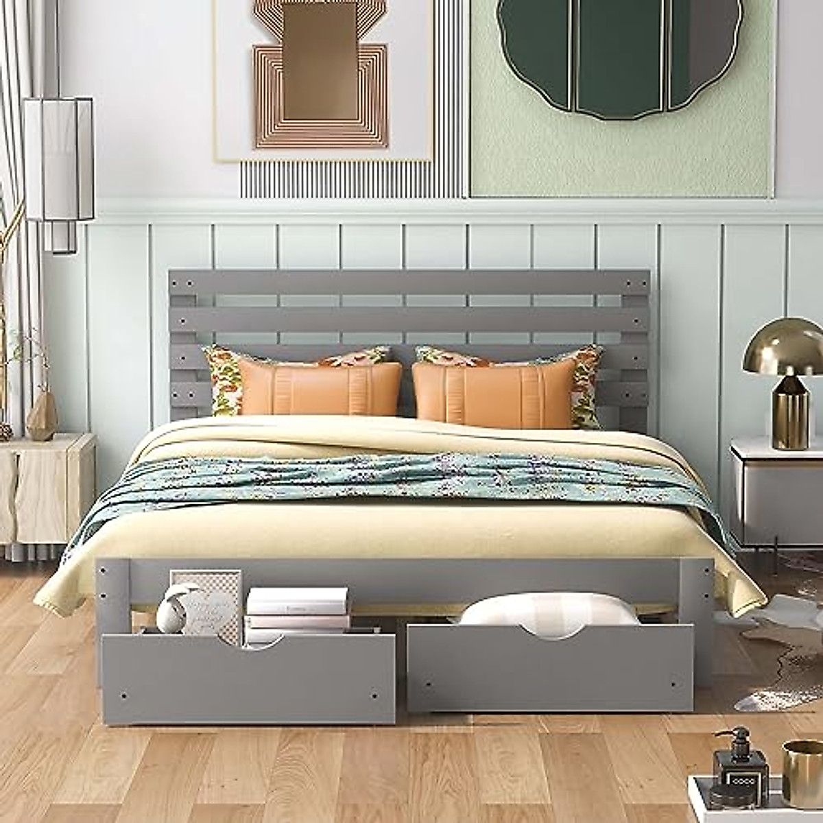Queen Size Solid Wood Platform Bed Frame with Storage Drawers and Classic Headboard, Wood Slats Support, Under Bed Storage for Boys Girls Teens Adults,Space Saving, No Box Spring Needed (Gray)