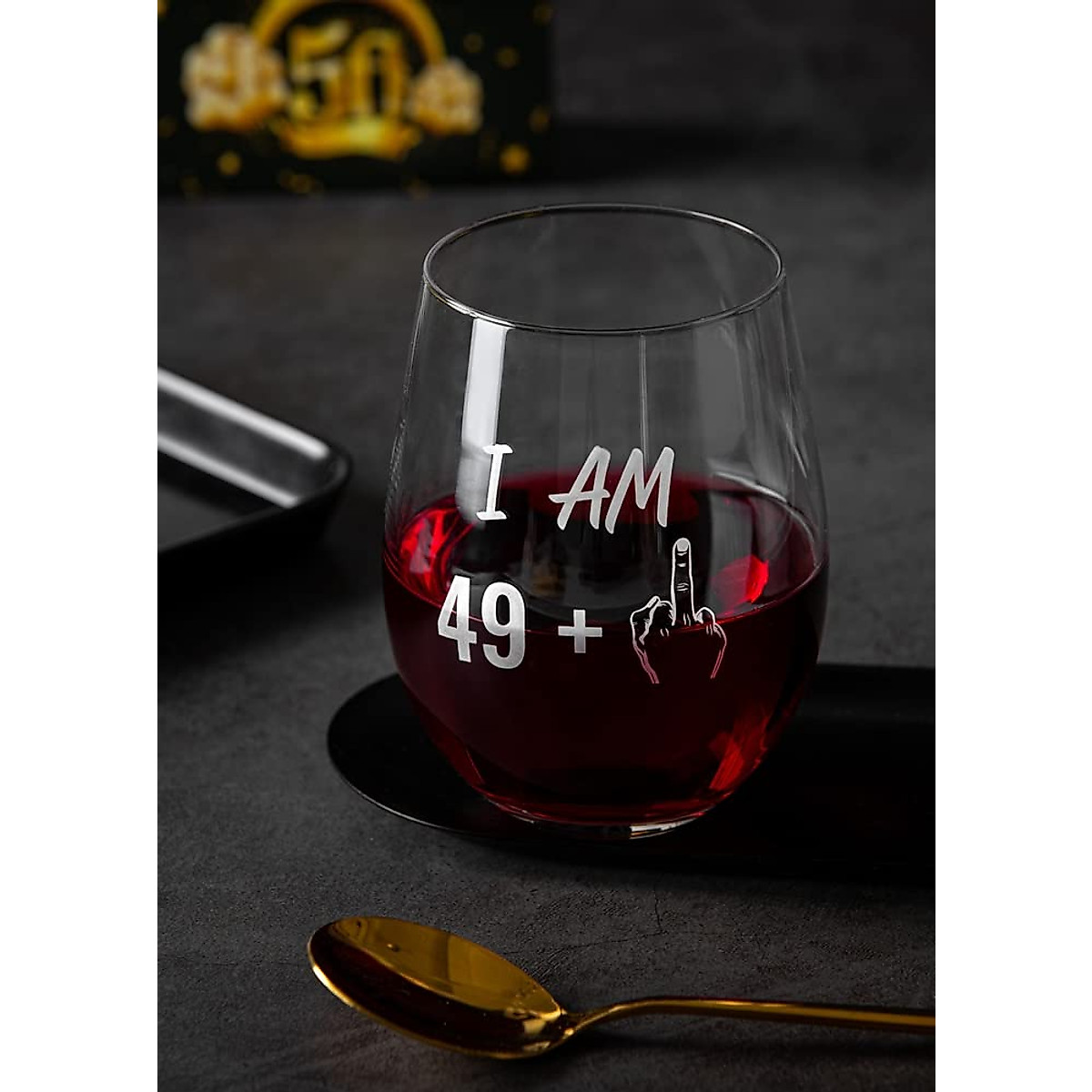 PUGED 50th Birthday Gift Set for Men or Women with Gift Package Vintage 12 oz Whiskey Glass and 49 + One Middle Finger 18 oz Stemless Wine Glass