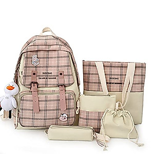 DAHUOJI 5Pcs Kawaii Backpack Set with Badge & Duck Pendant,Japanese Aesthetic Check Bookbag for Girls Cute Plaid School Bags Comes with Tote Bag,Shoulder Bag,Pencil Box,Small Bag(Pink,16in)