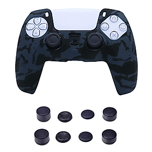 Silicone Cover Skin Case Accessories for Sony PS5 Controller with Pro Thumb Grips Caps Set Camo Black
