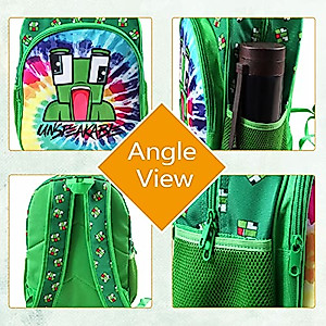 17 Inch Kids Bookbag 3-Piece Set Boys Pencil Case Backpack Tie-dye Printed Travel Bag Girls Game Fan Gift, Green