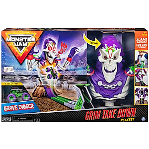 Monster Jam, Grim Takedown Playset with Lights and Sounds, Featuring Exclusive 1:64 Scale Die-Cast Grave Digger Monster Truck