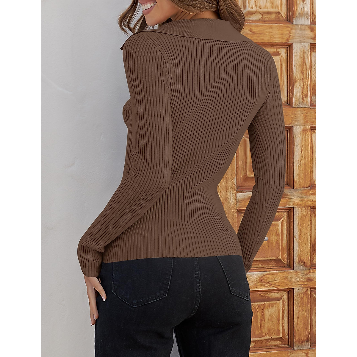 ZESICA Sweaters for Women Spring Long Sleeve V Neck Ribbed Knit Pullover Tops Casual Slim Fit Basic Tee Shirts,Mocha,Small