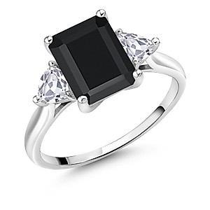 Gem Stone King 10K White Gold Black Onyx and White Created Sapphire 3-Stone Engagement Ring | 2.74 Cttw | Emerald Cut 9X7MM | 3 Stone Wedding Anniversary Promise Ring For Women (Size 8)