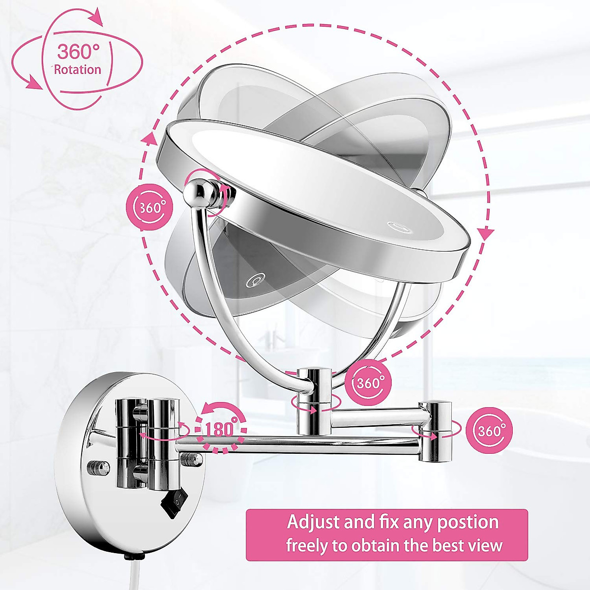AMZNEVO Wall Mounted Lighted Makeup Mirror, 8 Inch Double-Sided 1X 5X Magnifying Mirror for Bathroom, 11'' Extendable Arm, 360° Swivel, Touch DimmableLED Lights, Powered by Plug in, Chrome