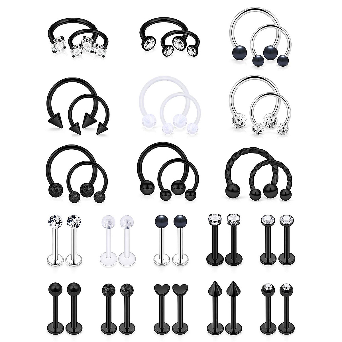 SCERRING 16g Lip Rings Stainless Steel Horseshoe Septum Nose Hoop Labret Monroe Lip Rings Nail Tragus Rook Helix Cartilage Earrings Studs Ring Medusa Piercing Jewelry 38PCS Black