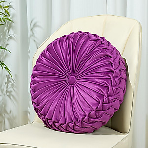 Sioloc Round Throw Pillow Velvet Home Decoration Pleated Cushion for Couch Chair Bed Car(Purple,15.7Inch)