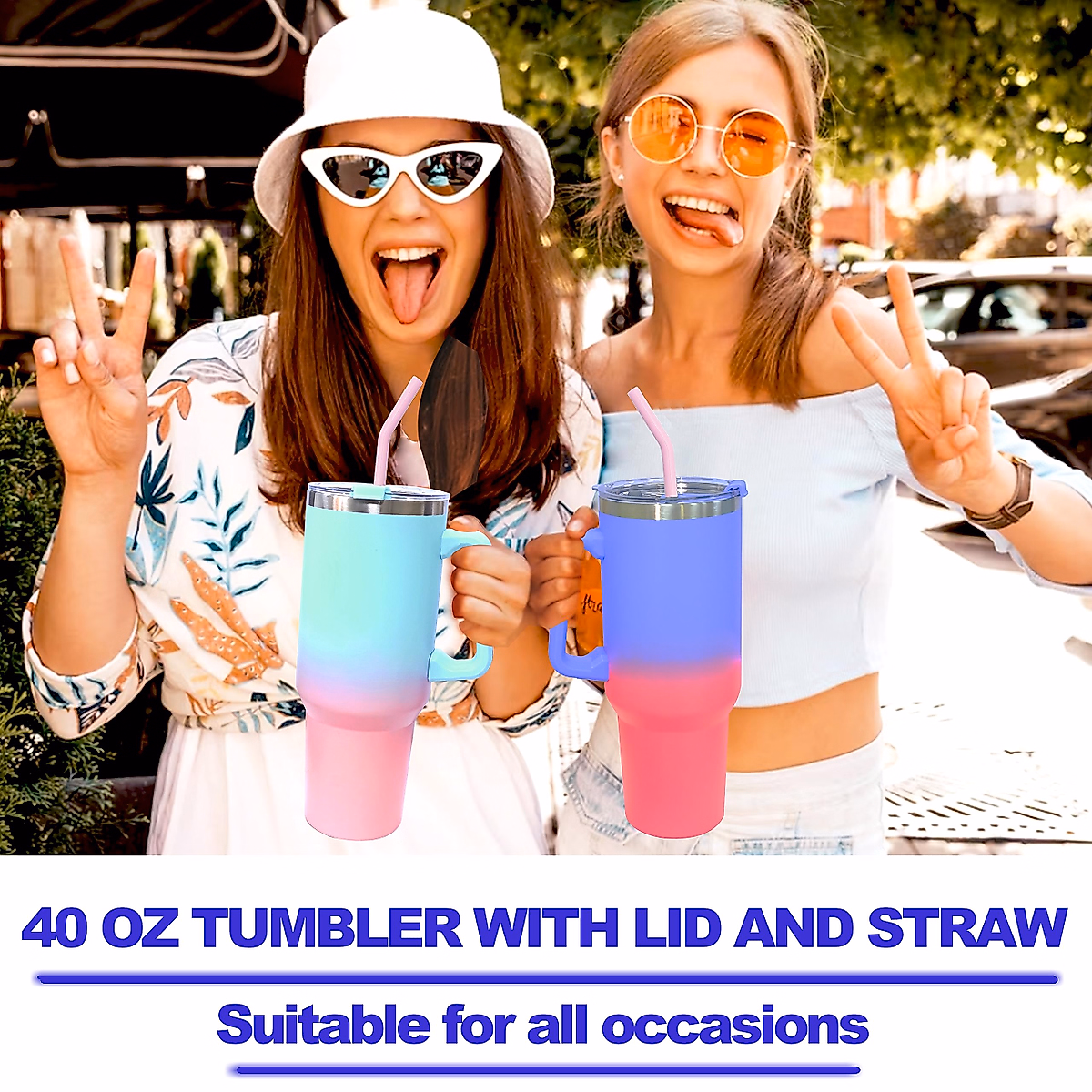 40 oz Tumbler with Handle and Straw-Stainless Steel Insulated Tumbler with Straw, Water Bottle with Straw and Handle, Insulated Cup with Handle Keeps Cold for 34Hrs or Hot for 10Hrs（Pinkblue)