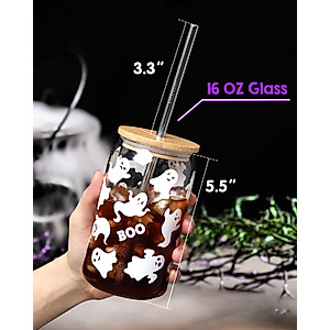Halloween Ghosts Beer Can Glass Fall Iced Coffee Glass 16 OZ Spooky Mason Drinking Jar Glass with Lid Metal Straw And Cleaning Brush Bubble Tea Cups October Boo! Party Gifts for Him Her Soda, Tea