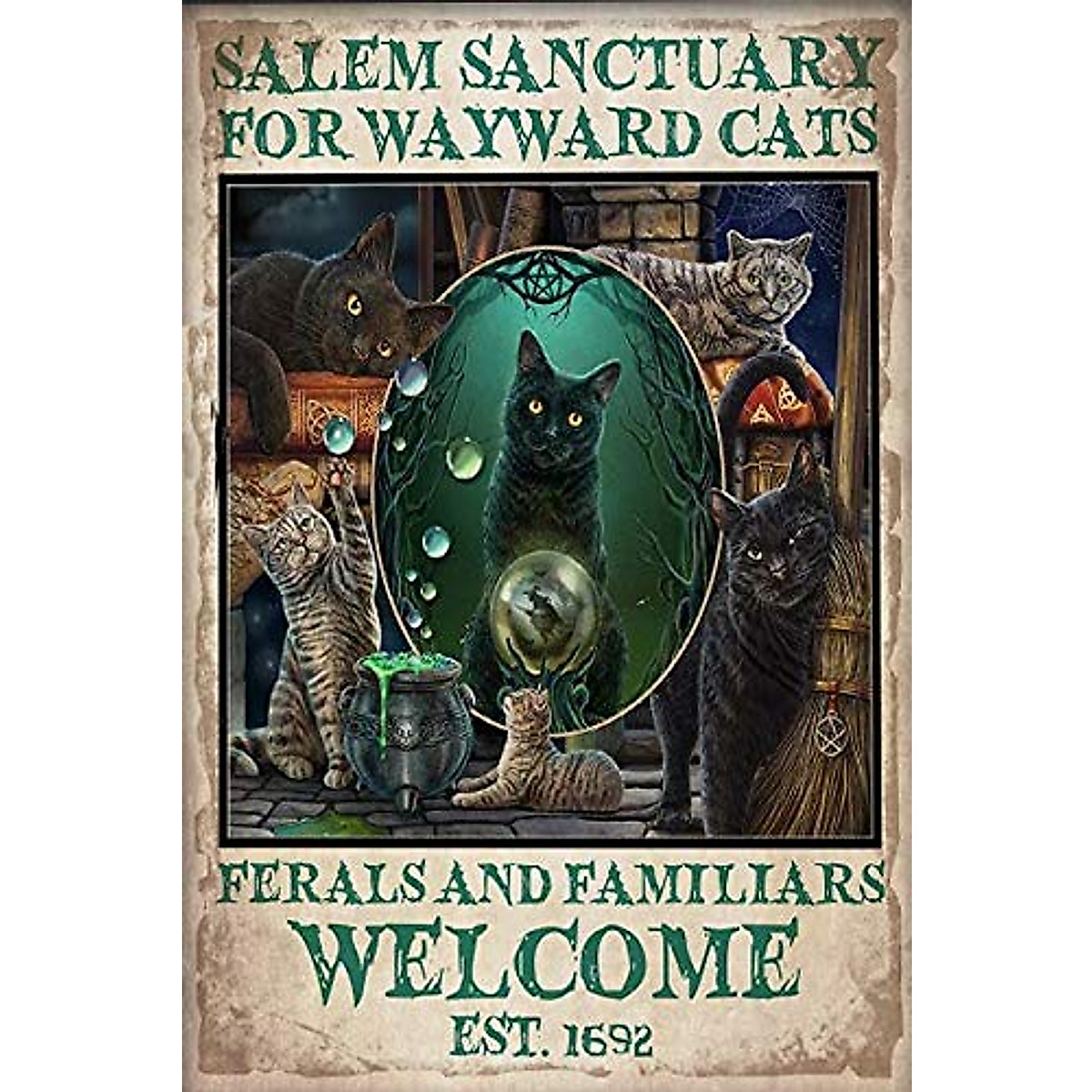 Mystical Cats Salem Sanctuary for Wayward Cats Wall Retro Tin Sign, Bathroom Decoration for Bars, Restaurants, Cafes and Bars, 8x12 Inches New Year, Metal Sign