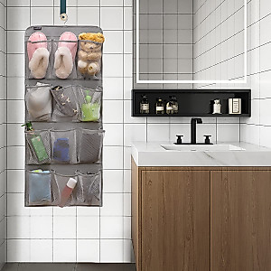 ANZORG Dual Sided Hanging Shoe Organizer for Closet with Rotating Hanger Hanging Shoe Rack Holder with 24 Large Pockets (Grey-Mesh Pockets)