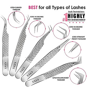 GTEX Lash Tweezers For Eyelash Extensions Tweezers Set of 5, Japanese Stainless Steel, Straight Curved 45 90 Degree Volume Eyelash Tweezers - SILVER