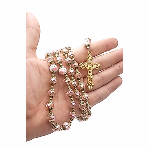 Nazareth Store Catholic Pink Crystal Beads Gold Rosary Flowers Beaded Necklace Holy Mary Heart Locket Medal & Cross Religious Amulet for Women