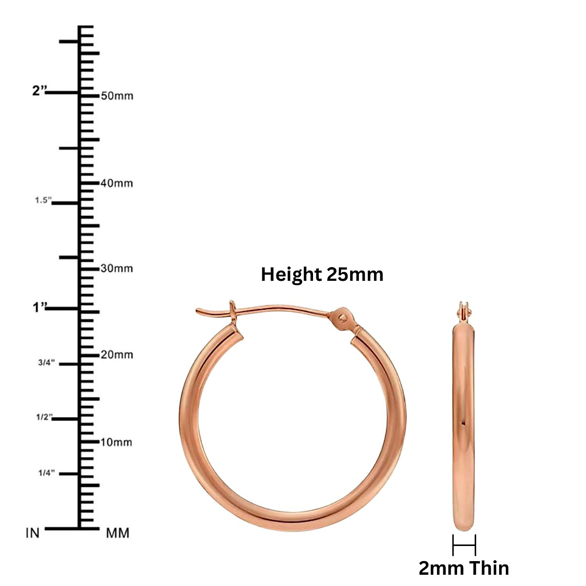 14K Rose Gold Classic Shiny Polished Round Hoop Earrings, 2mm tube (25mm (1 inch))…