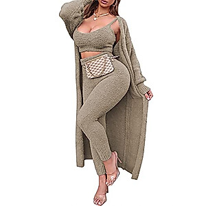 Fixmatti Fuzzy 3 Piece Legging Set for Women Open Front Cardigan Cropped Tops Long Pant Suit Khaki S