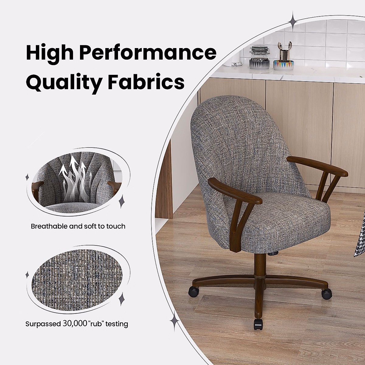 Chromcraft Caster Swivel Tilt Dining Chairs, Luxe Casual Wooden Arm All-Metal Pedestal Base Chairs with Rolling Wheels for Kitchen(Fonzo Marble-Walnut)