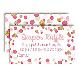 Polka Dot Pink & Gold Themed Diaper Raffle Tickets for Girl Baby Showers, 20 2" X 3” Double Sided Insert Cards for Games by AmandaCreation, Bring a Pack of Diapers to Win Favors & Prizes!