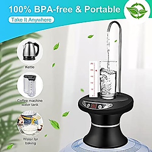 Drinking Water Dispenser Pump with Tray, Maypott Automatic Quantitative Water Pump for 1-5 Gallon Bottle Water Jugs, USB Rechargeable BPA-Free, Portable for Home Kitchen, Outdoor Camping (Black)