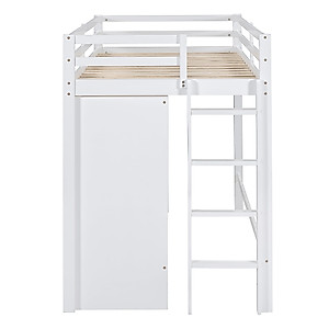 Merax Twin Size Wood Loft Bed with Drawer, Two Wardrobes, and Mirror, Wooden Bedframe with Ladder and Safety Guardrail for Boys Girls Adult, No Spring Box Needed, White