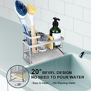 EEKEDO Kitchen Sink Caddy Organizer with Auto Drain Tray and Divider, Sponge Holder and Brush Storage for Kitchen, Rustproof Stainless Steel - Silver