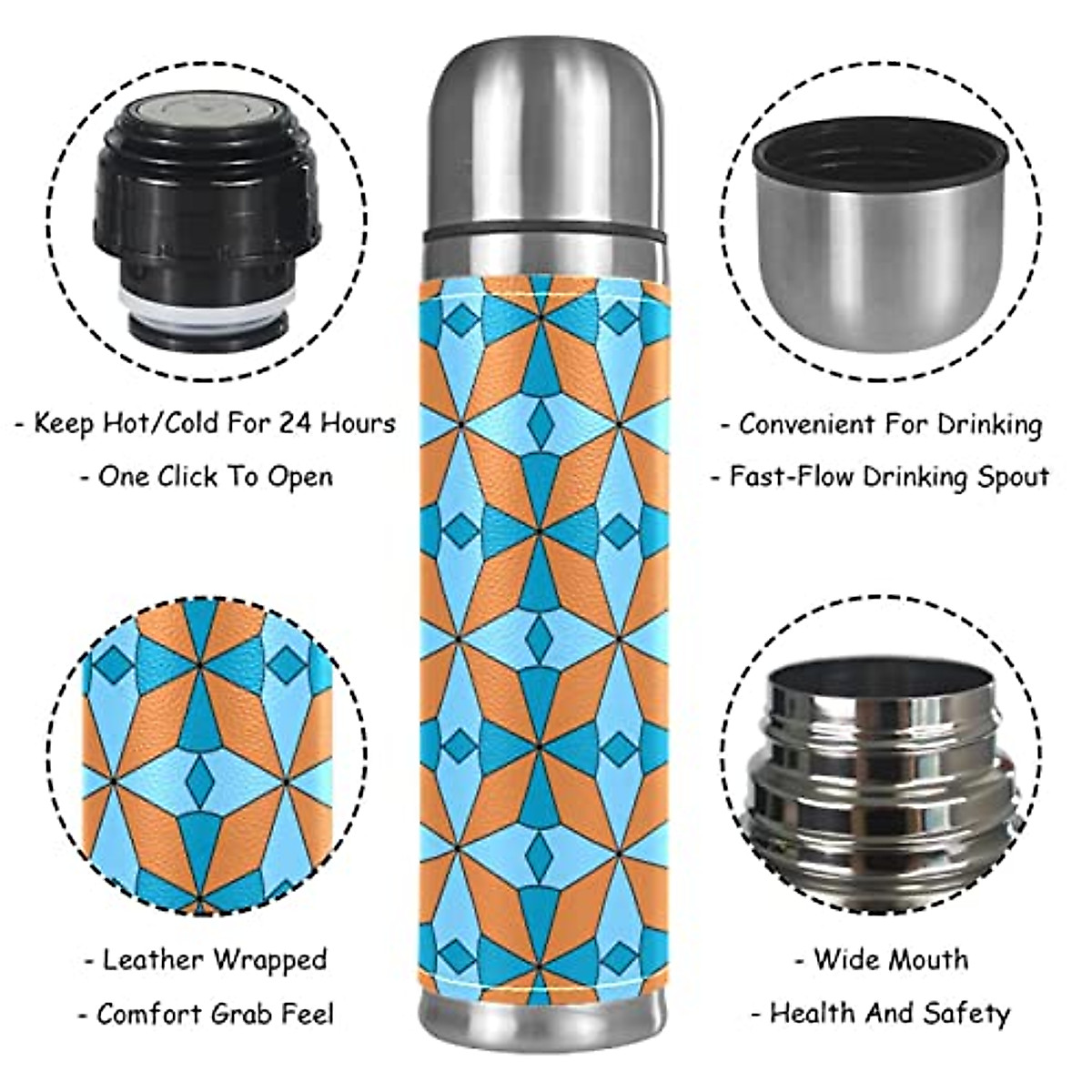Stainless Steel Leather Vacuum Insulated Mug Geometry Thermos Water Bottle for Hot and Cold Drinks Kids Adults 16 Oz