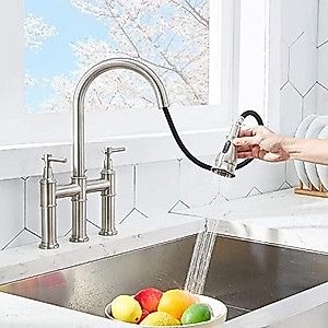 SHACO Brushed Nickel 3 Hole Deck Mount Kitchen Faucet with Pull Down Sprayer, 360 Swivel, Solid Large Faucet for Kitchen Sink