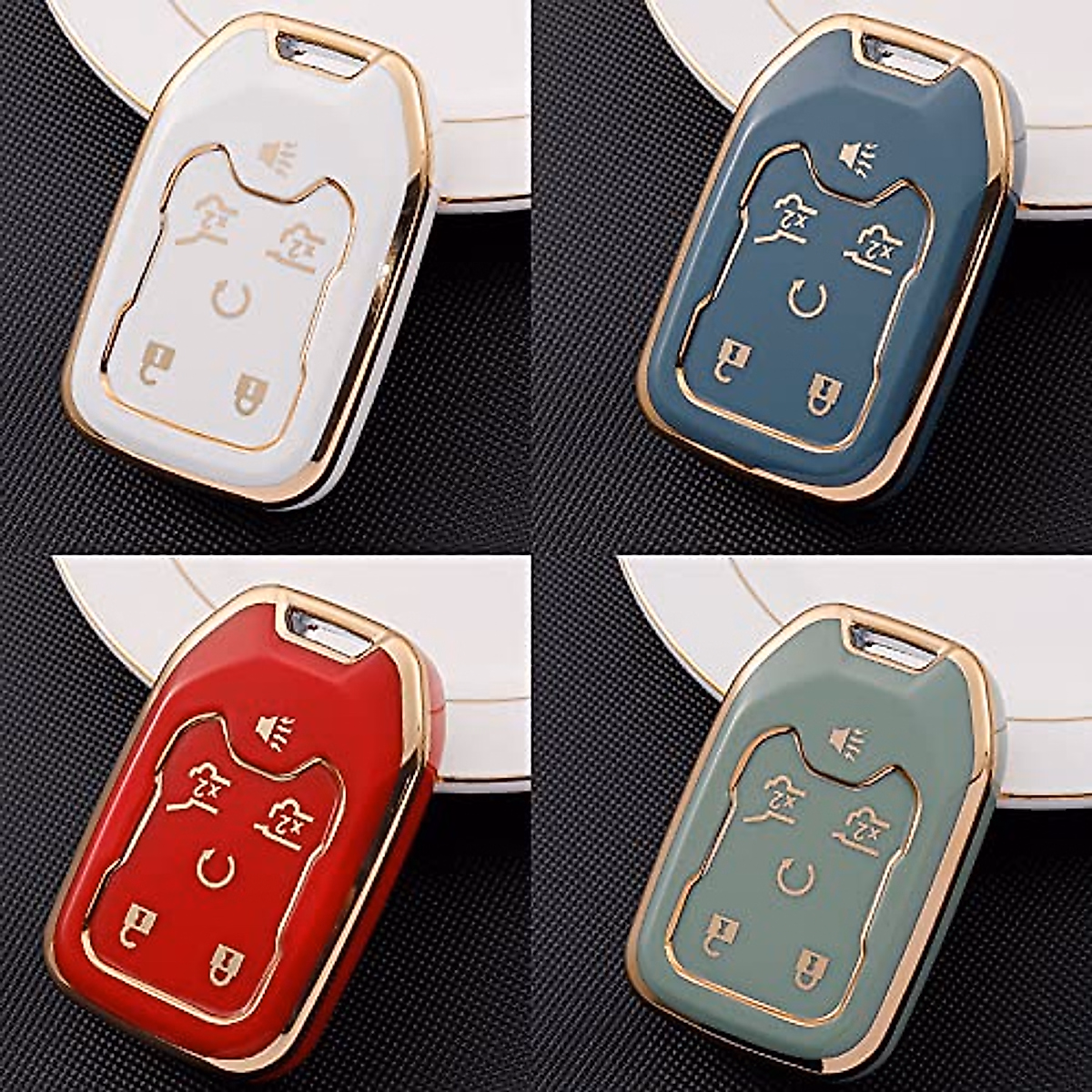 Jimtyee for GMC Key Fob Cover with Leather Lanyard Keychain Key Fob Case Shell Protection for Chevy Silverado Tahoe Suburban GMC Sierra Yukon Smart Remote Key Protector(White)