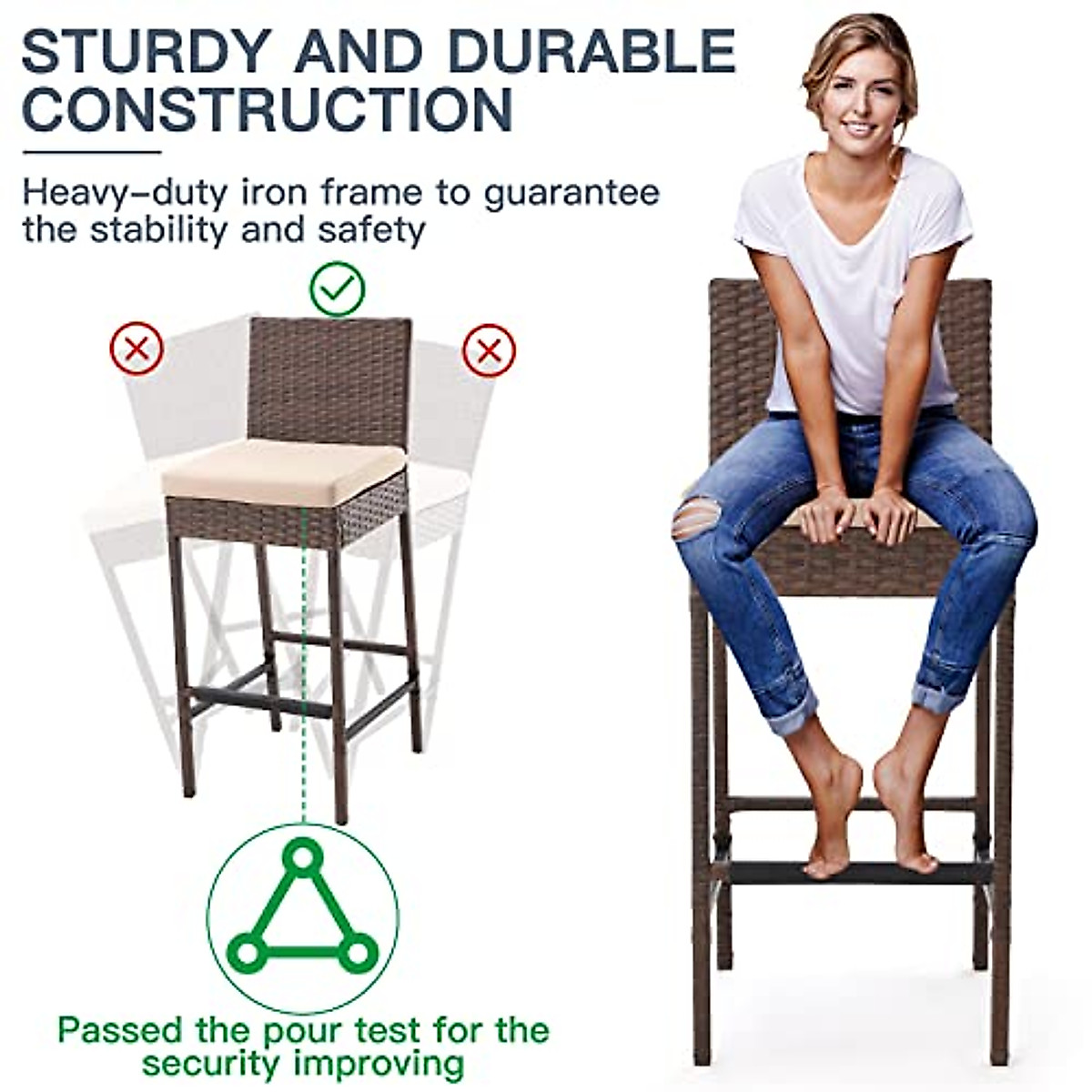 ECOTOUGE Wicker Bar Height Chairs Set of 4, Patio Rattan Bar Stools Counter Height with Cushion, Outdoor Bar Chairs Armless for Backyard, Poolside, Deck (Brown)