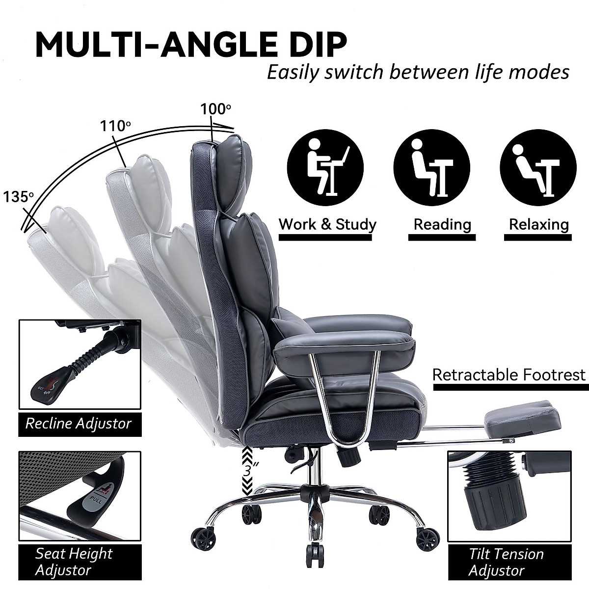Efomao Executive Office Chair for Heavy People, Big and Tall Office Chair, High Back Office Chair with Foot Rest, Height Adjustable Home Office Chair, Mineral Grey Office Chair